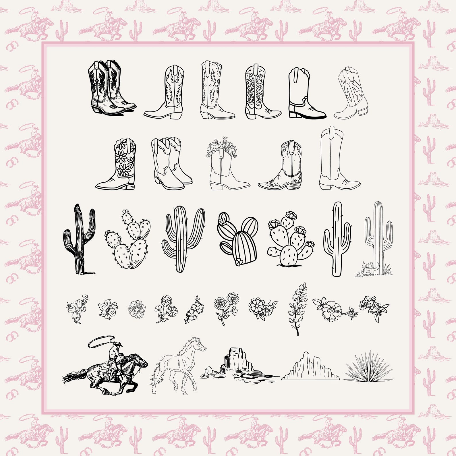 Hand Drawn Western SVG, Cowboy Clipart Illustrations, Wild West Vector ...
