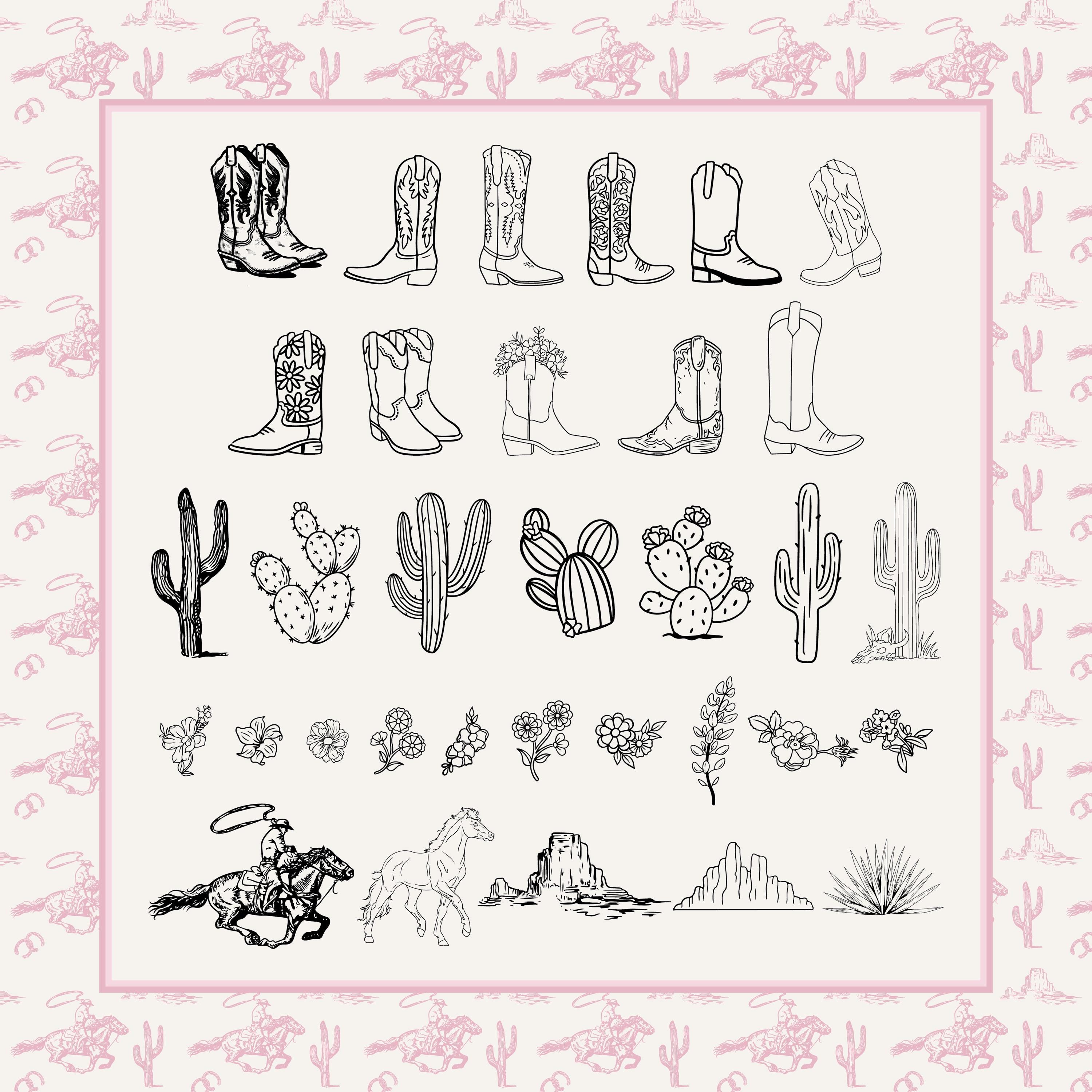 Hand Drawn Western SVG, Cowboy Clipart Illustrations, Wild West Vector ...