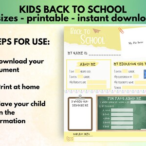 Back to School Kids Info Sheet, All About Me Form, Get to Know Me ...
