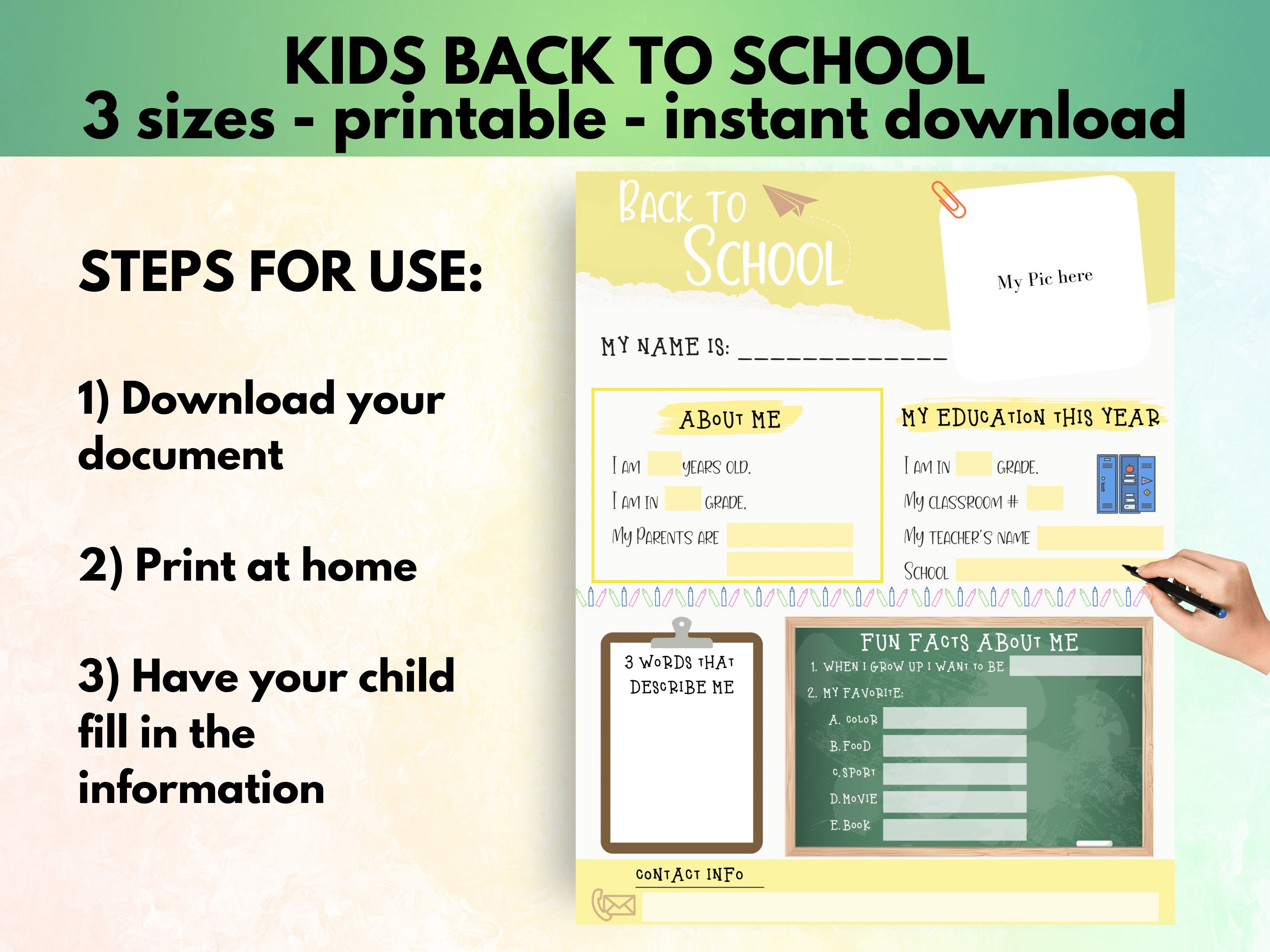 Back to School Kids Info Sheet, All About Me Form, Get to Know Me ...