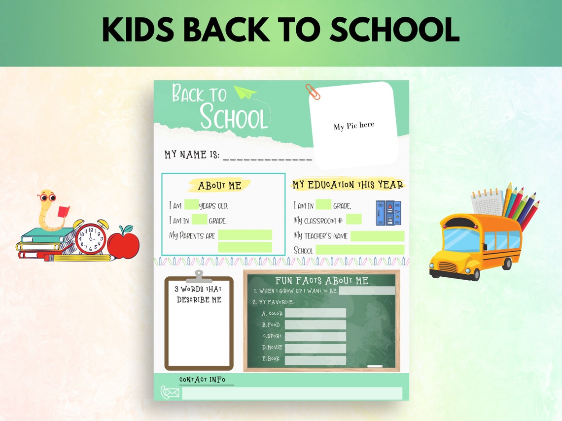 Back to School Kids Info Sheet, All About Me Form, Get to Know Me ...