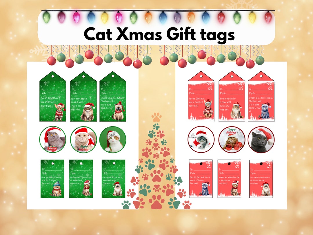 Cat Holiday Gift Tags, Xmas Printable Gift Tags, Christmas Cat Tags ...