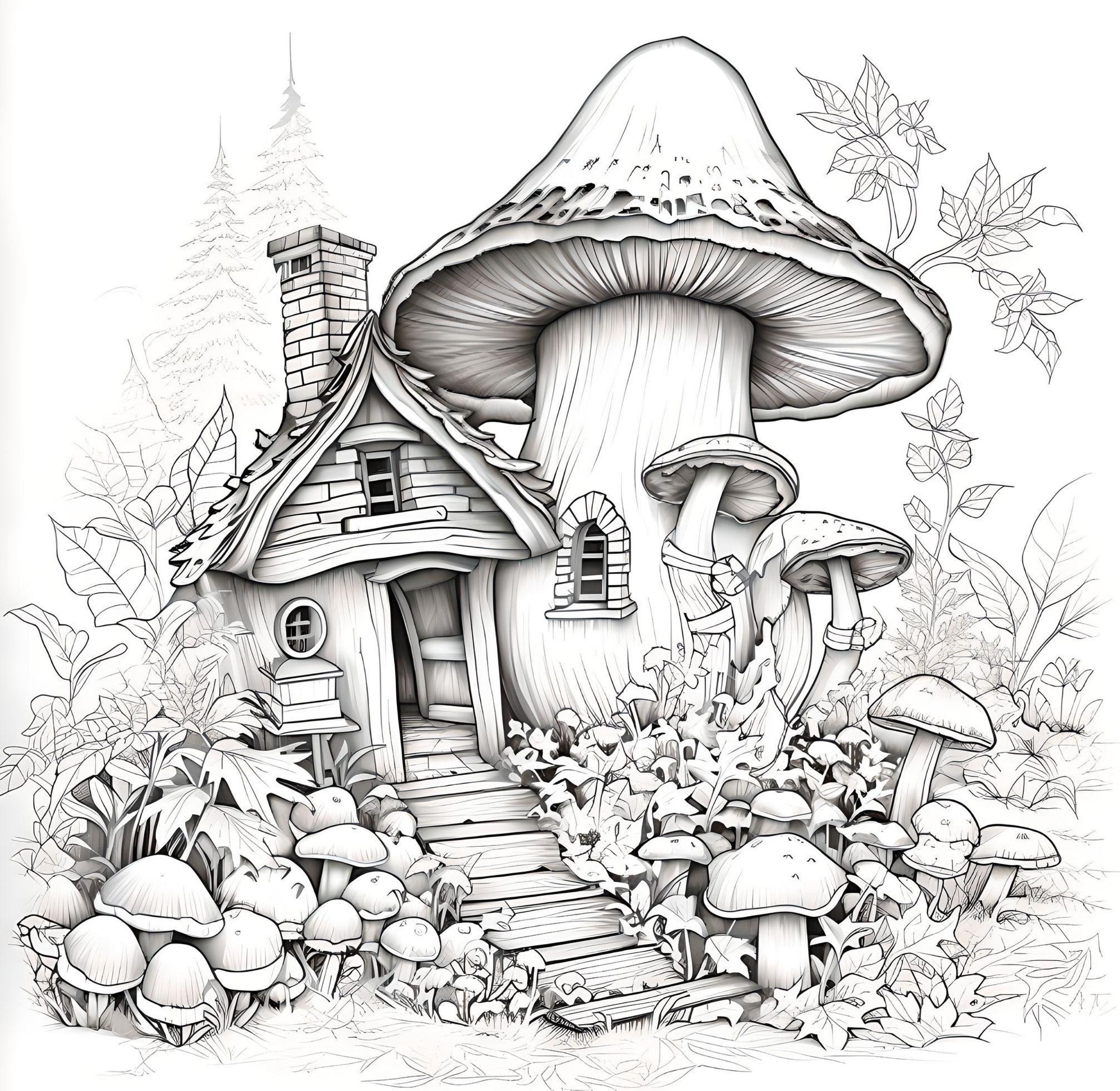 20 Mushroom Houses | Adult + Kid's Coloring Pages | Fantasy Coloring ...