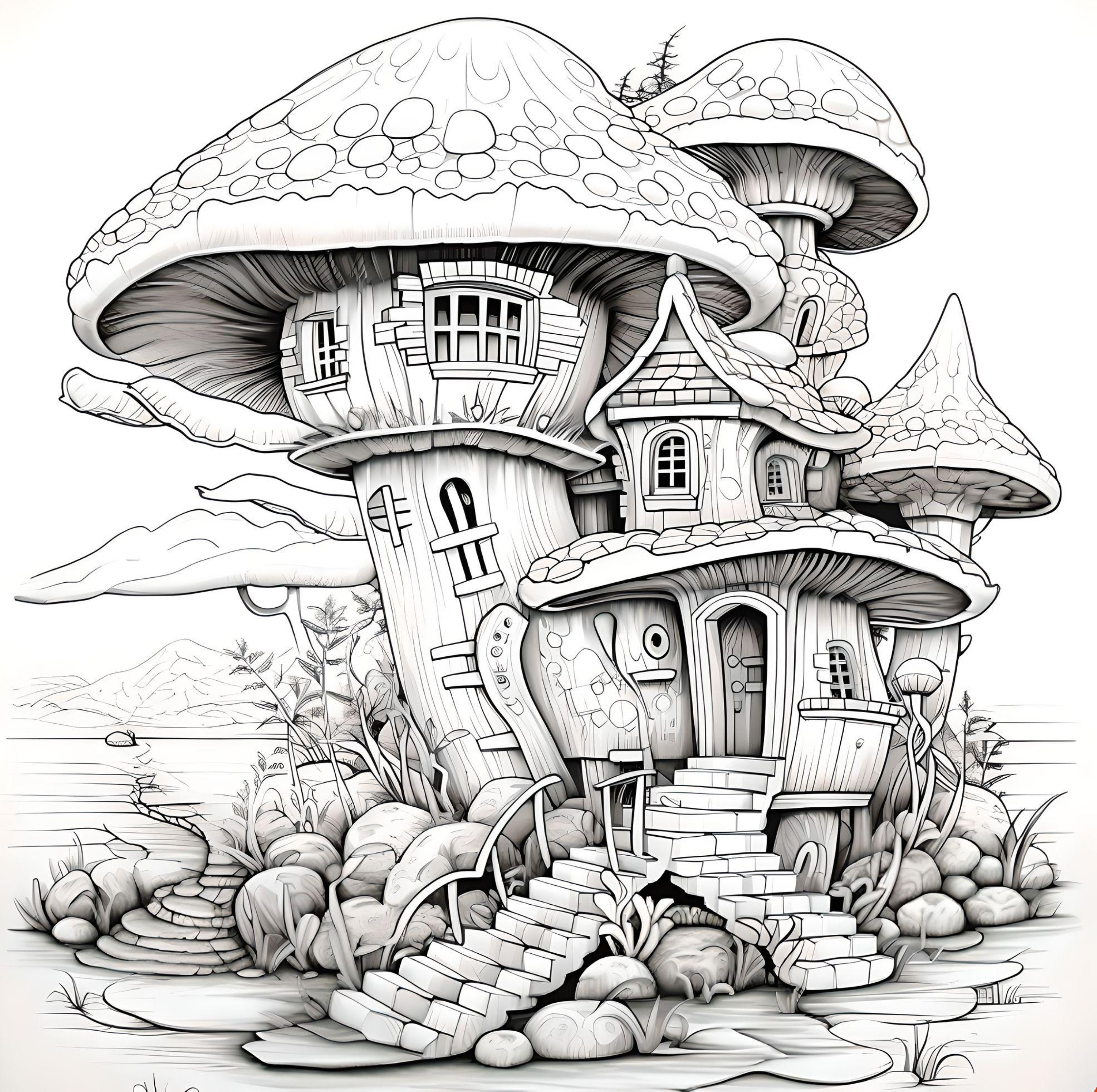 20 Mushroom Houses | Adult + Kid's Coloring Pages | Fantasy Coloring ...