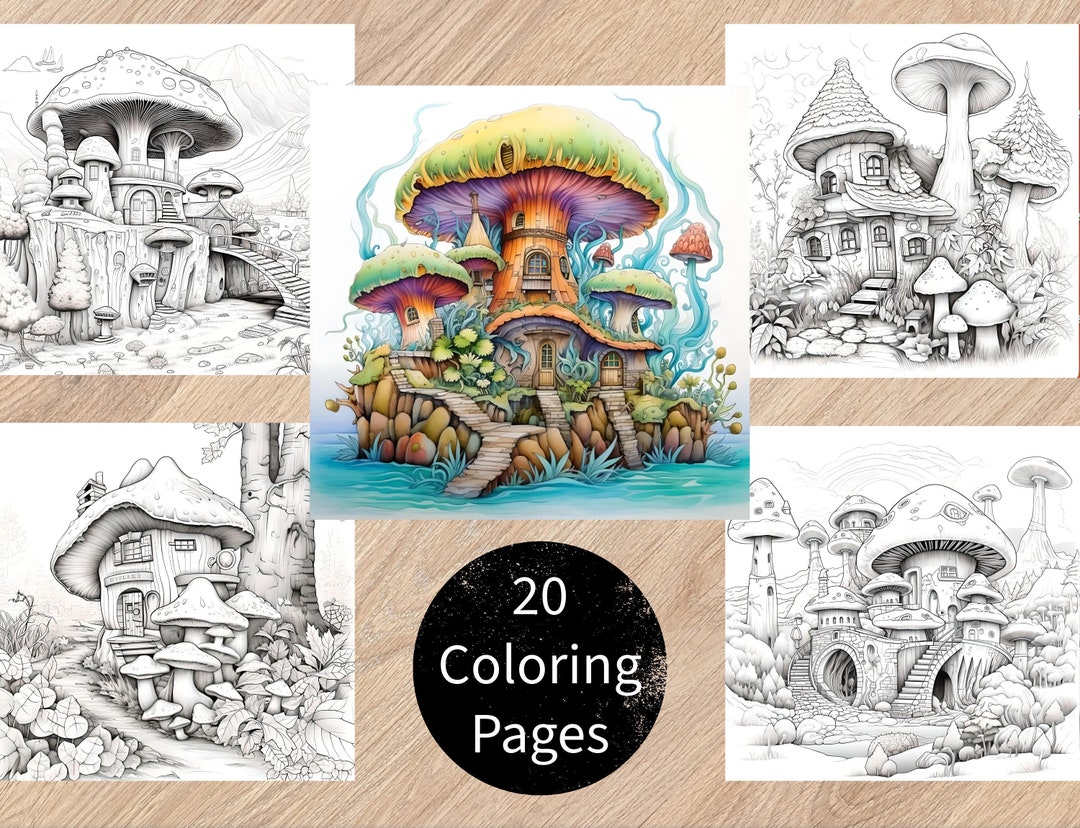 20 Mushroom Houses | Adult + Kid's Coloring Pages | Fantasy Coloring ...