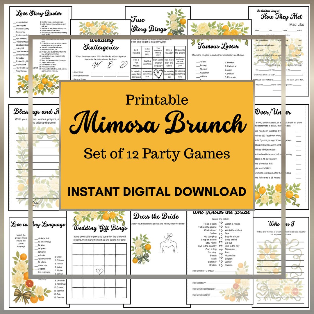 Mimosa Brunch Party Games, Champagne Roses Oranges Wedding Shower ...