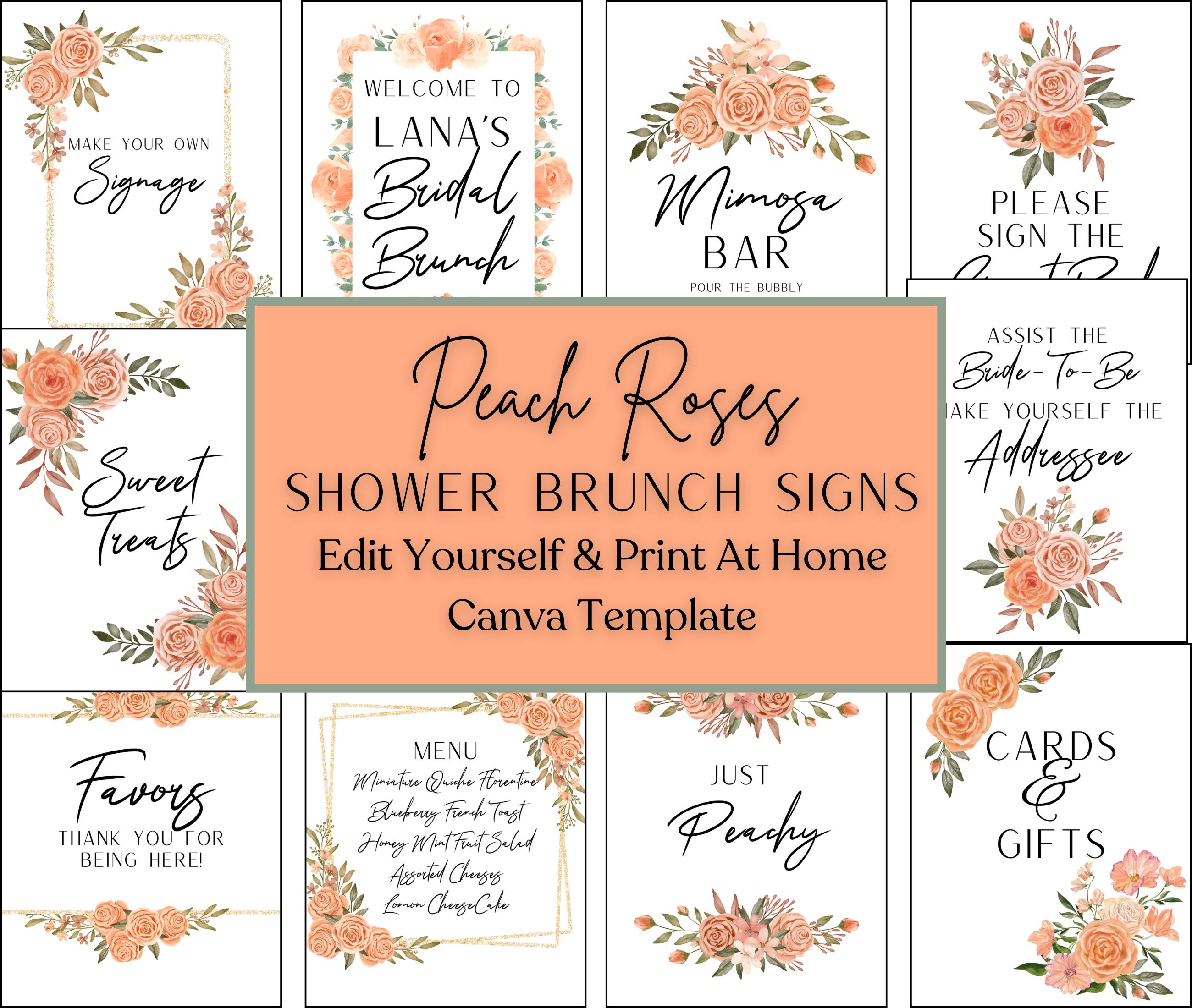 Lush Peach Roses Wedding Shower Signs, Set of 10 Printable Table Top ...