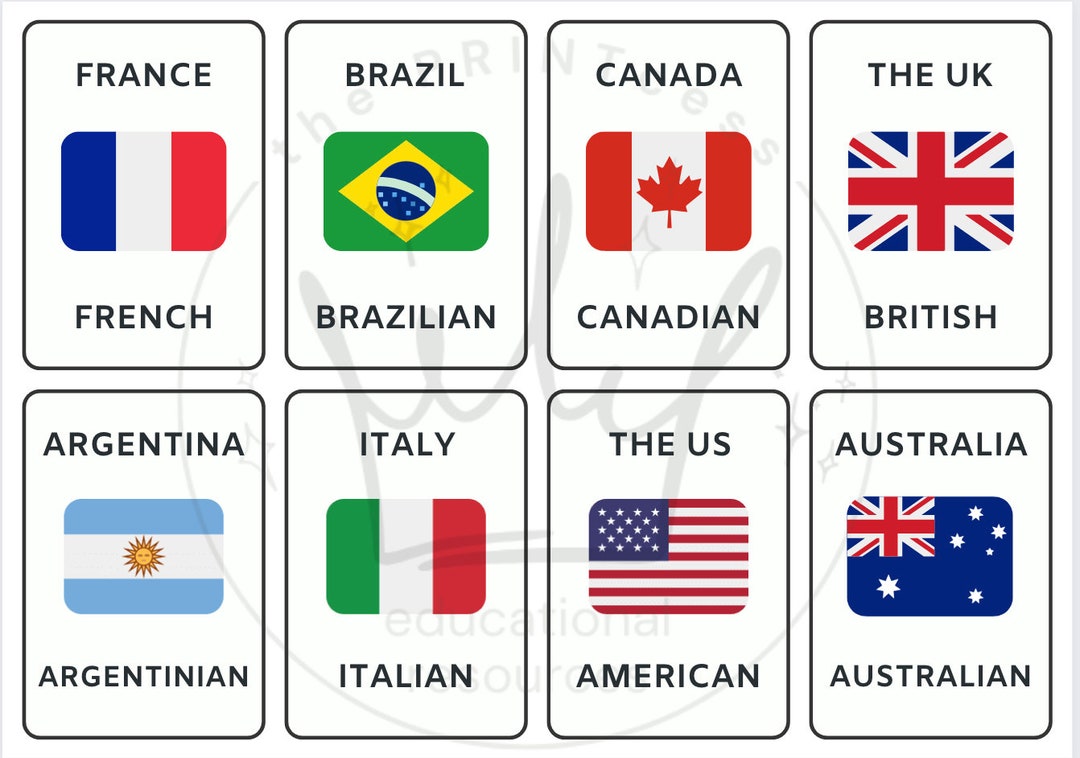 Printable National Flags Flashcards Countries Nationalities - Etsy