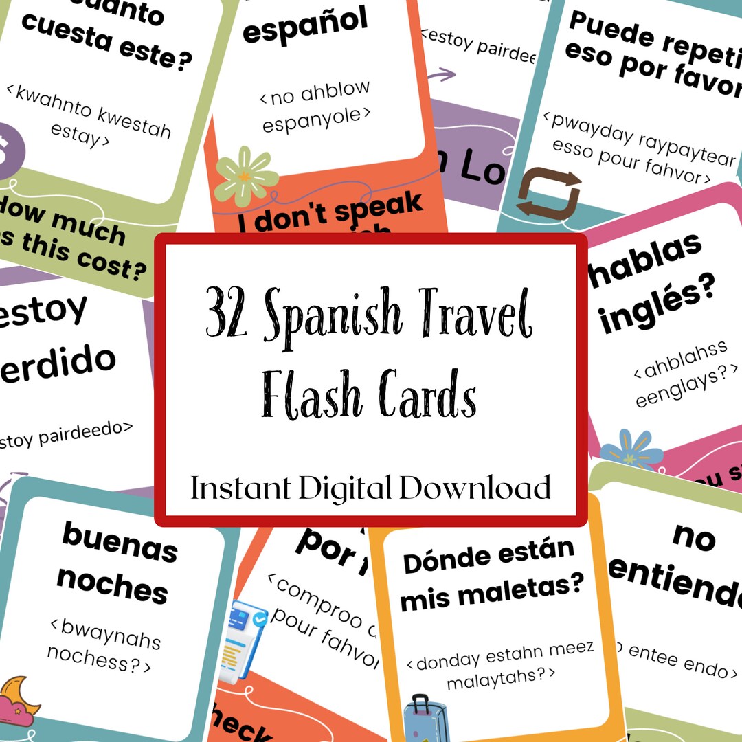 Spanish Travel Flashcards: 32 Common Phrases (printable Digital ...