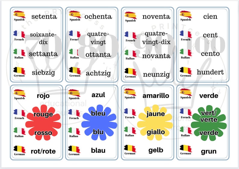 Printable Language Learning Flashcards, European Languages Colors and ...