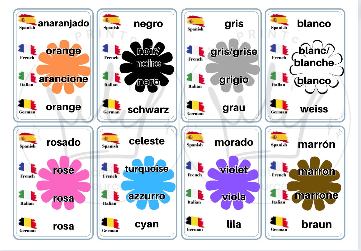 Printable Language Learning Flashcards, European Languages Colors and ...