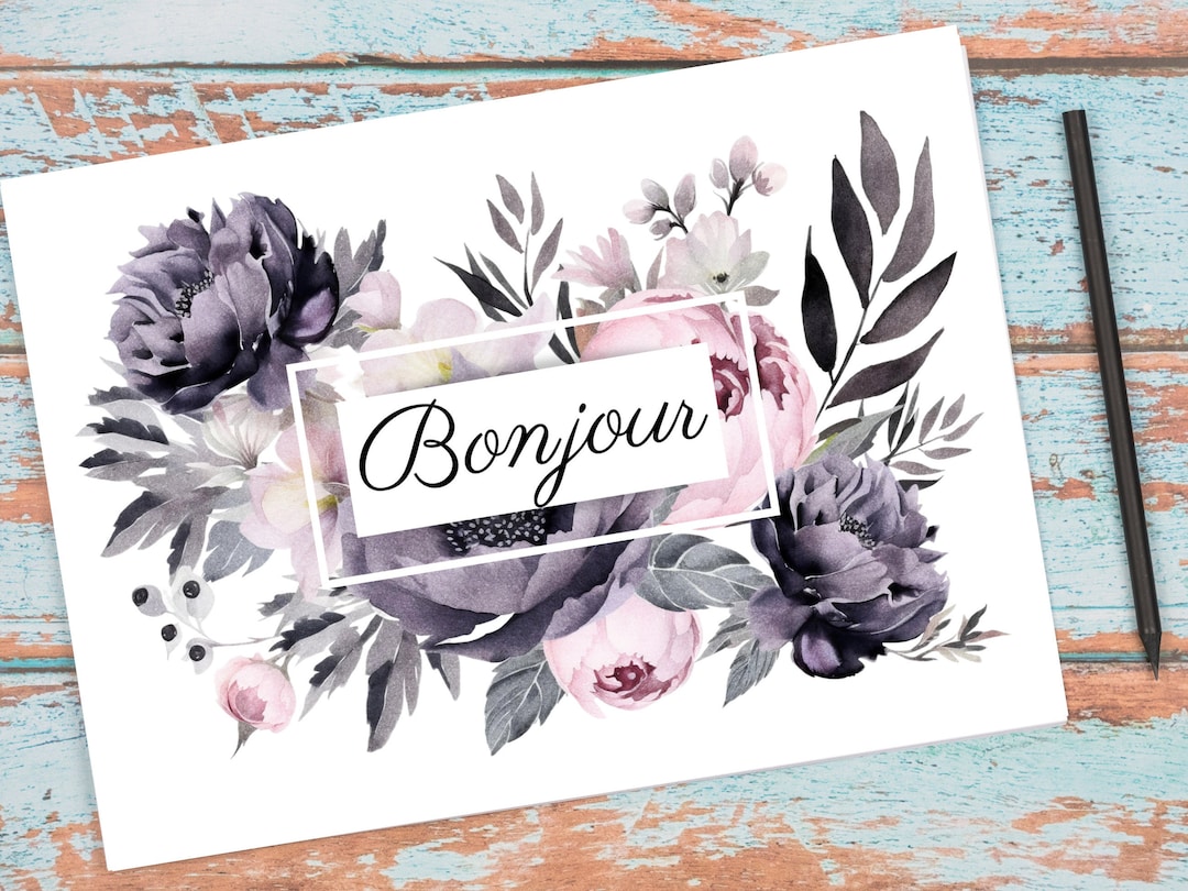 Floral Bonjour Printable Download Notecard and Envelope Set, Instant ...