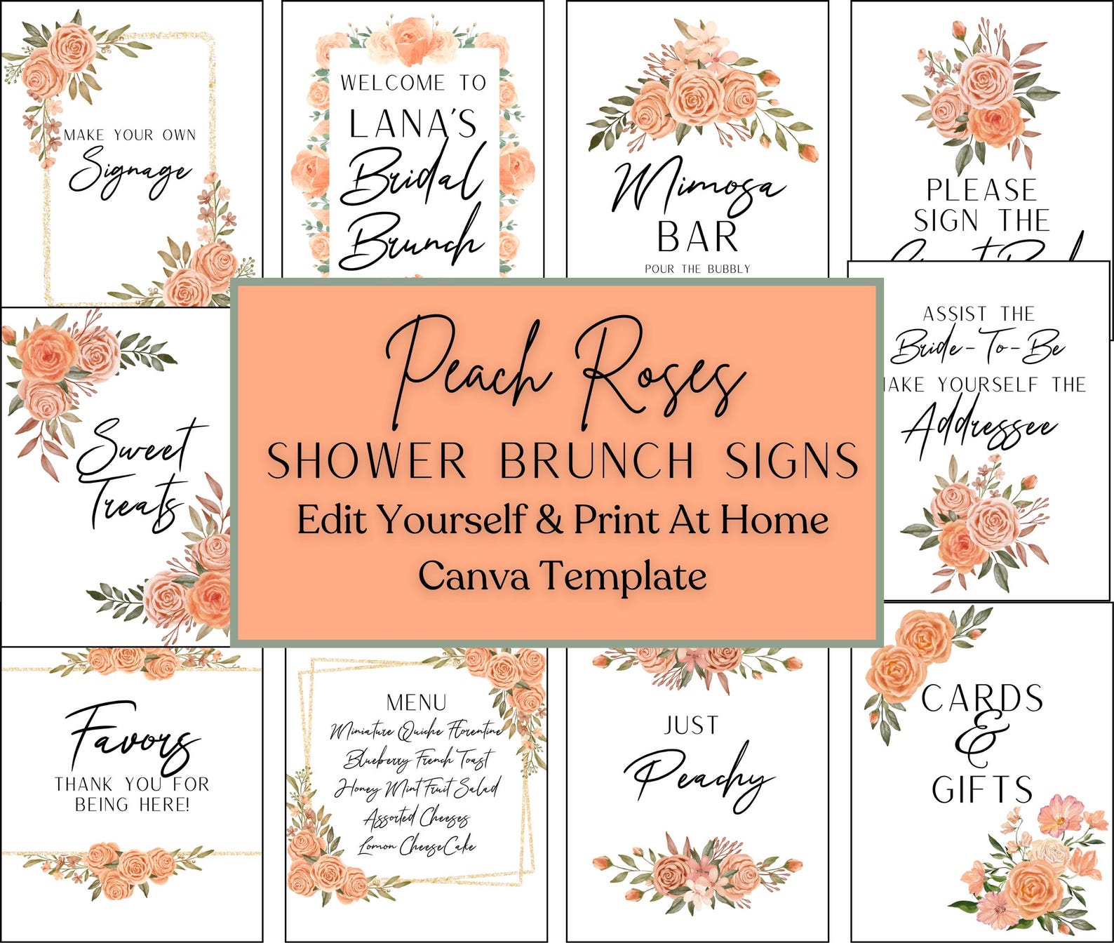 Lush Peach Roses Wedding Shower Signs, Set of 10 Printable Table Top ...