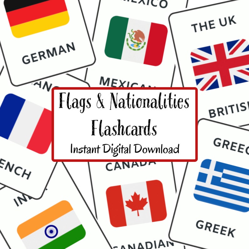 Printable National Flags Flashcards, Countries Nationalities Learning ...