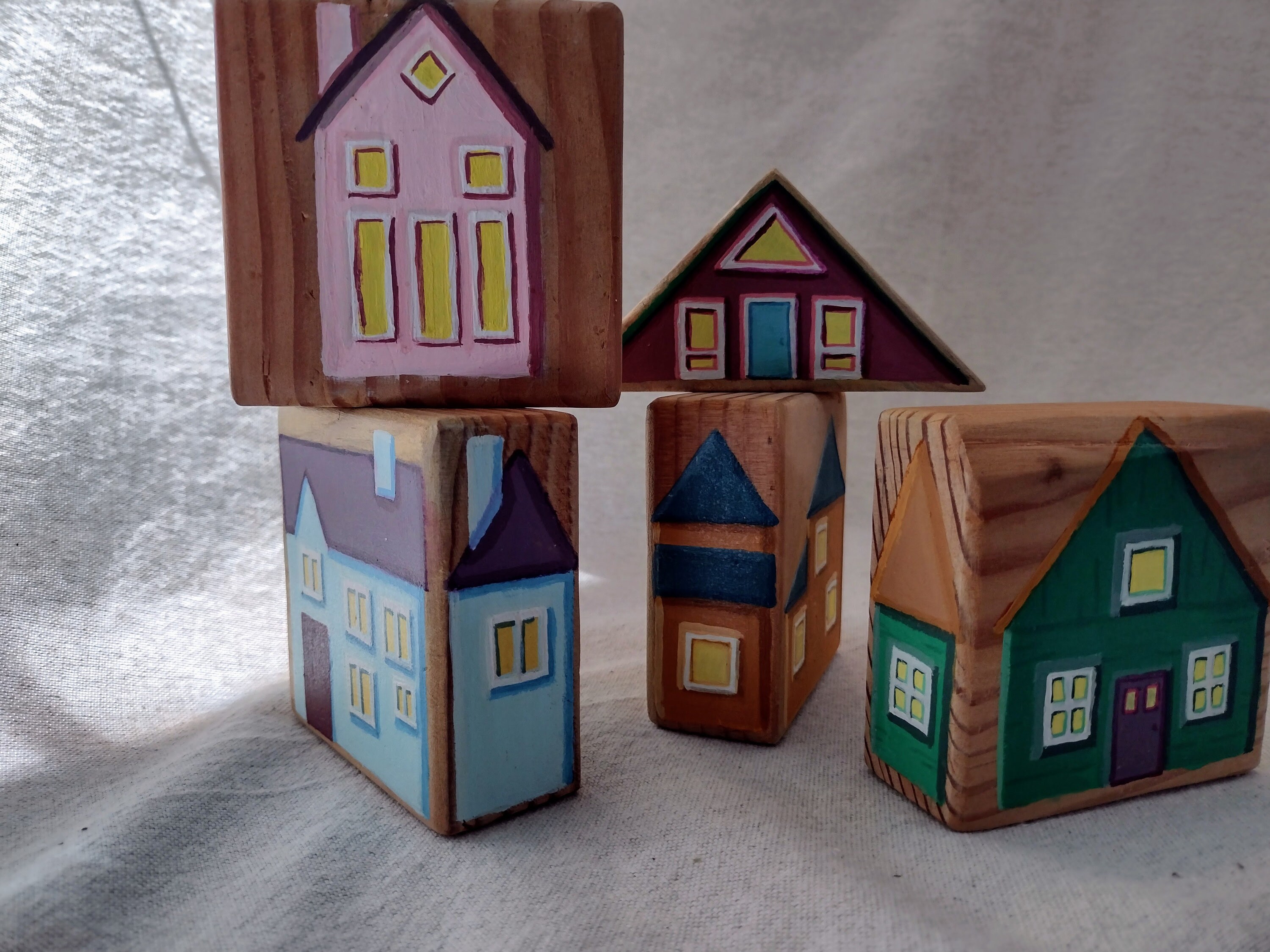 Hand Painted Wooden House Blocks- Preschool- Natural- Building ...