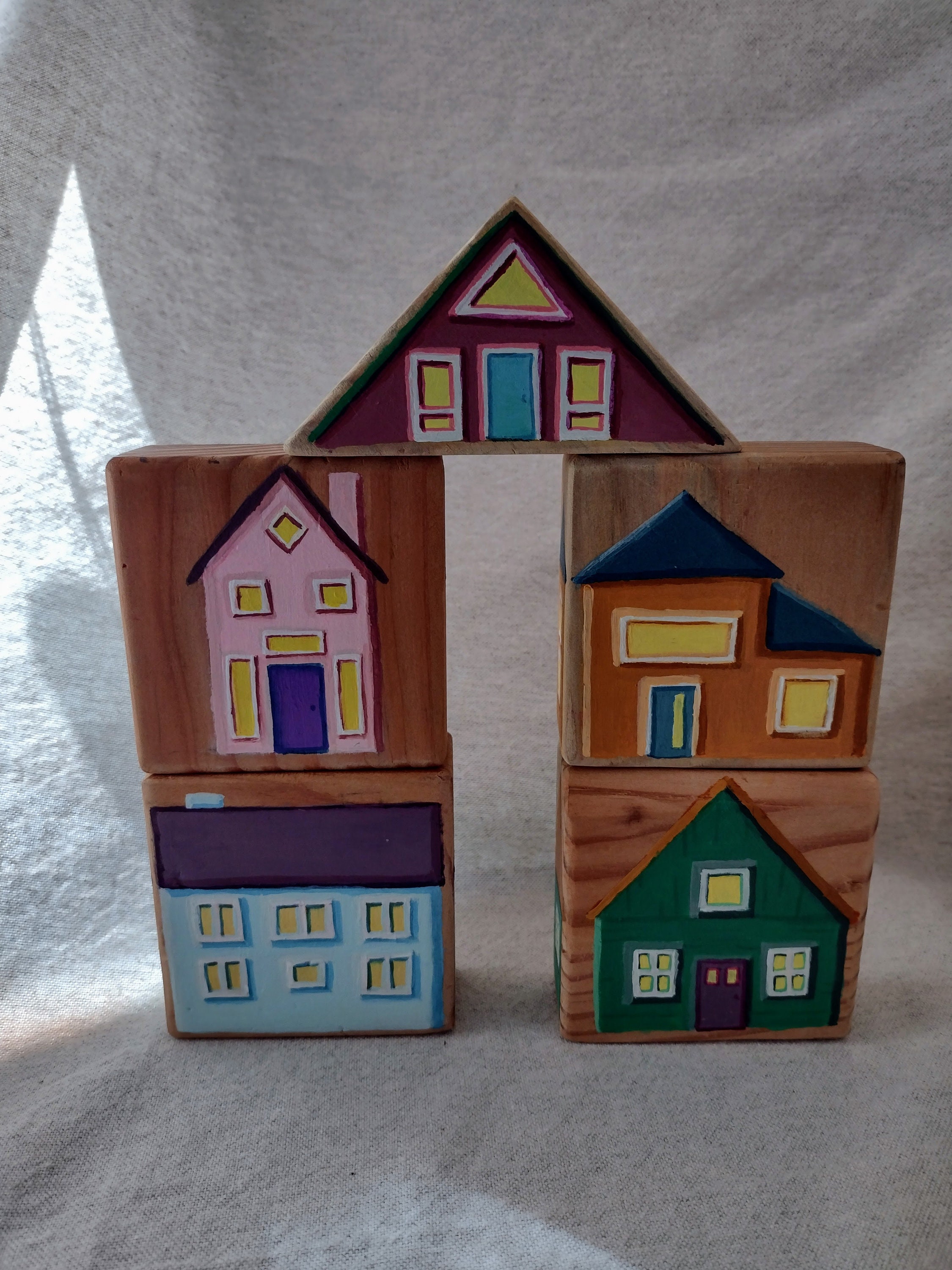 Hand Painted Wooden House Blocks- Preschool- Natural- Building ...