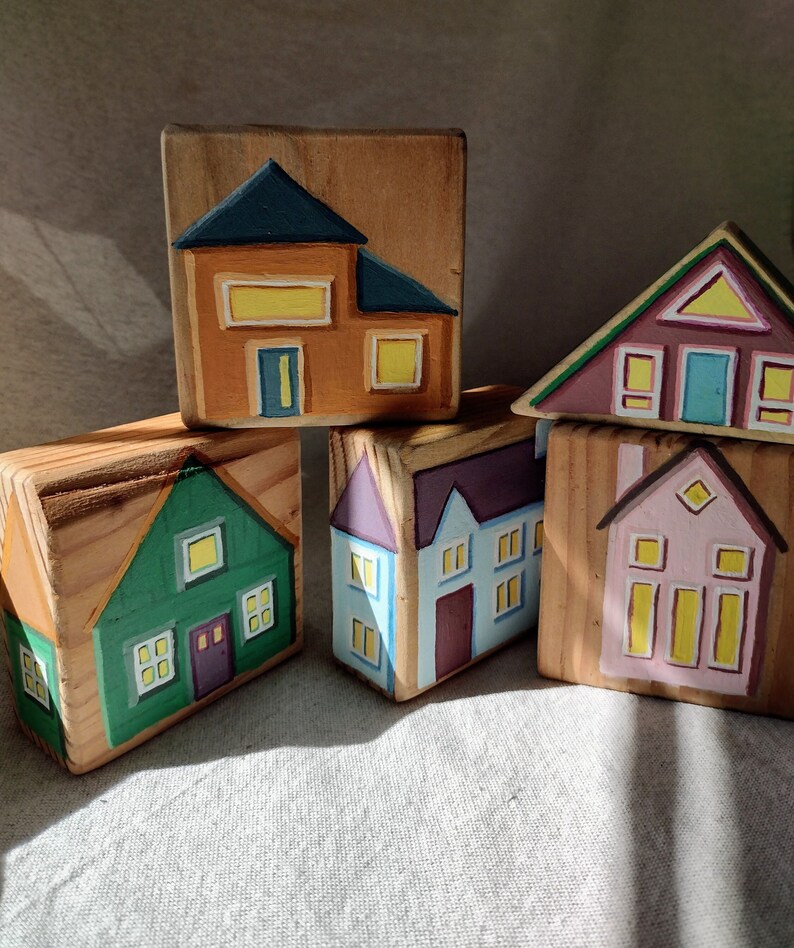 Hand Painted Wooden House Blocks- Preschool- Natural- Building ...