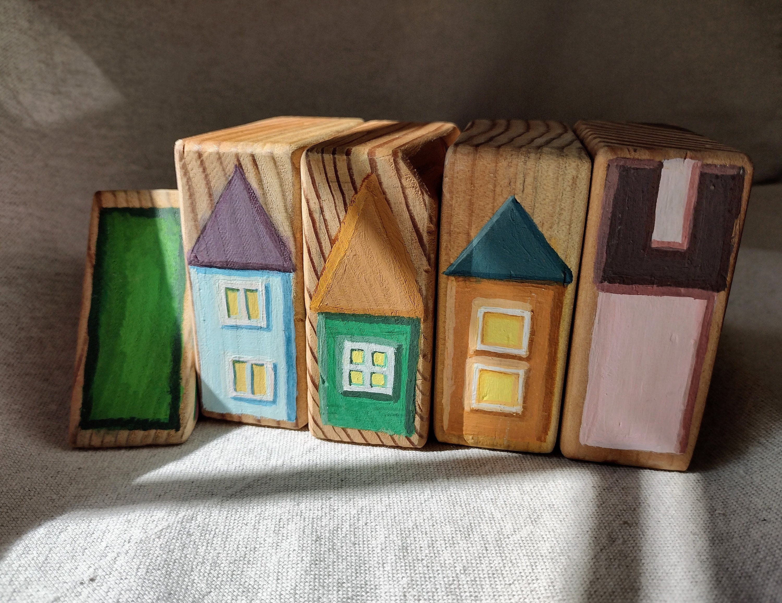 Hand Painted Wooden House Blocks- Preschool- Natural- Building ...