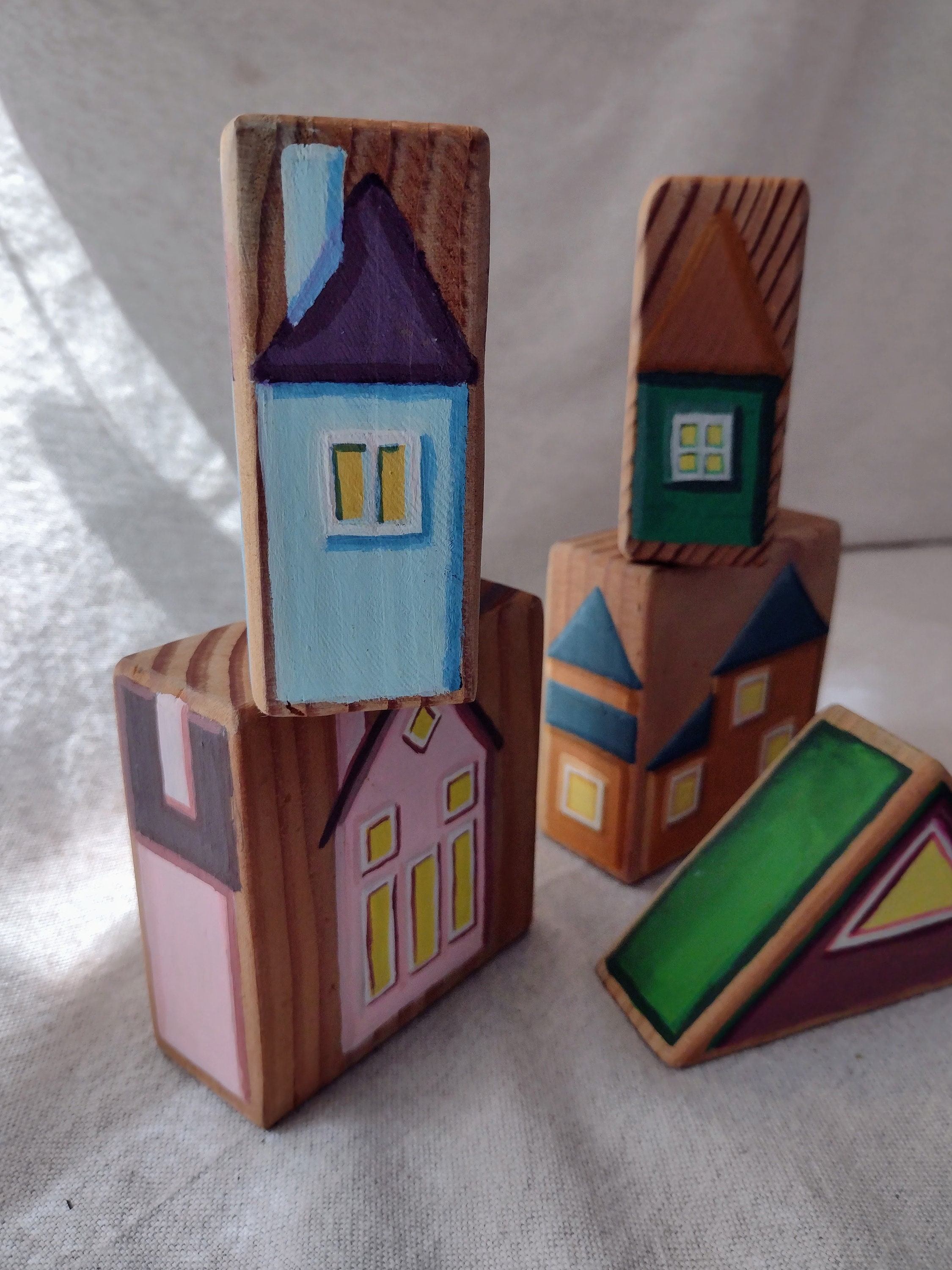 Hand Painted Wooden House Blocks- Preschool- Natural- Building ...