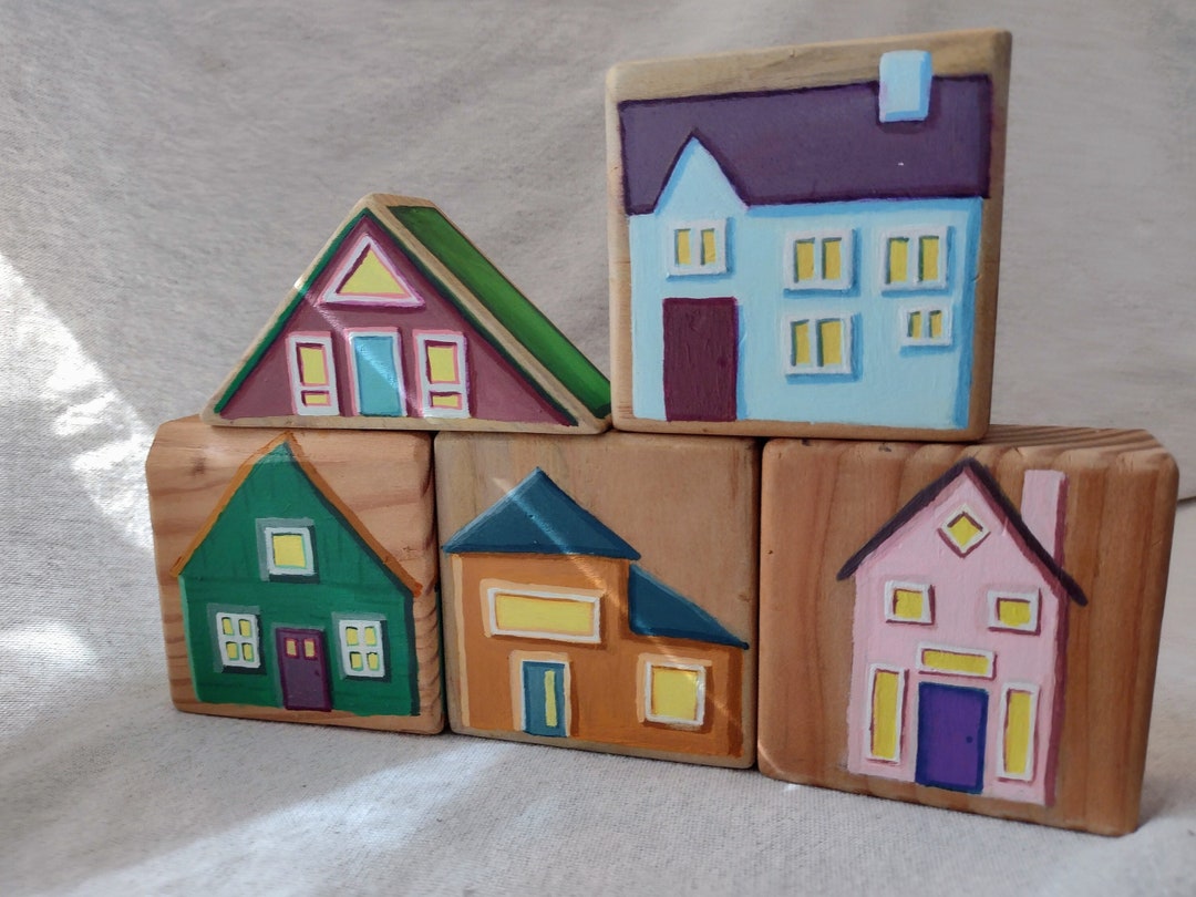 Hand Painted Wooden House Blocks- Preschool- Natural- Building ...