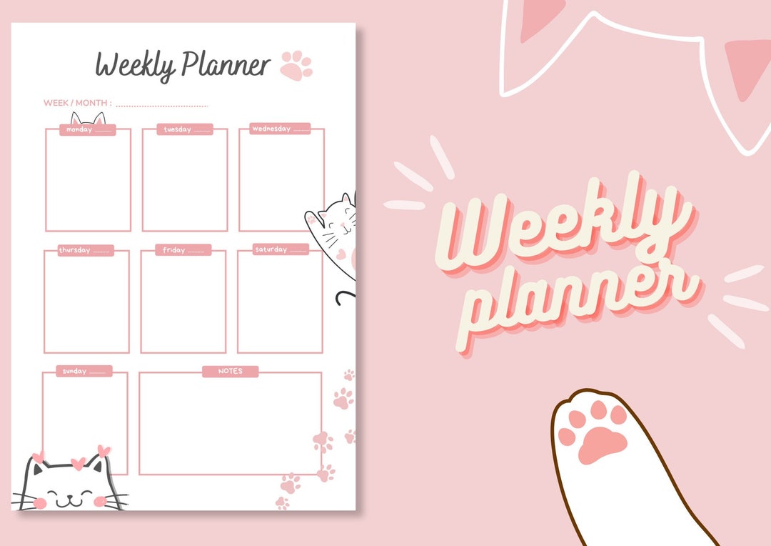 Cute Cat Weekly Planner White and Pink Daily Planner - Etsy