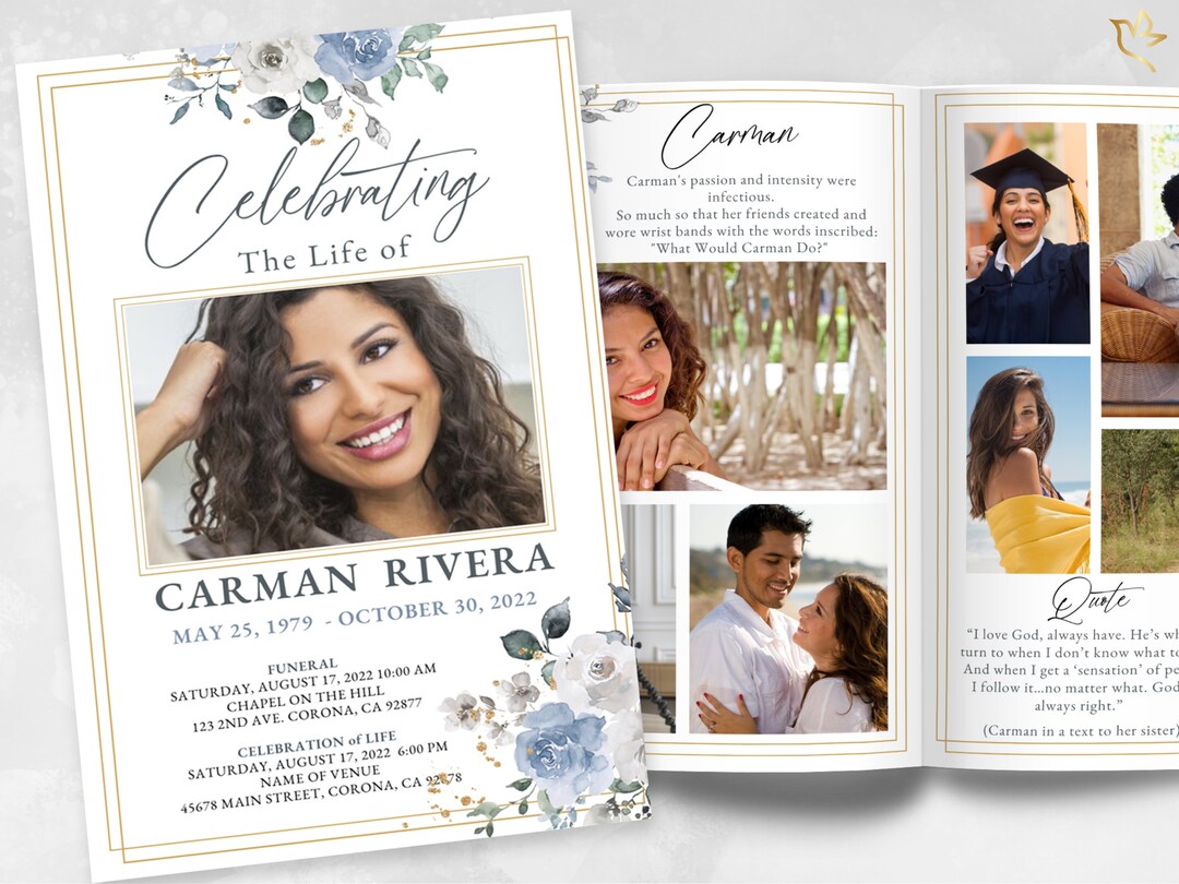 Blue Flower Theme, Funeral Memorial Program, Obituary Template, Order ...
