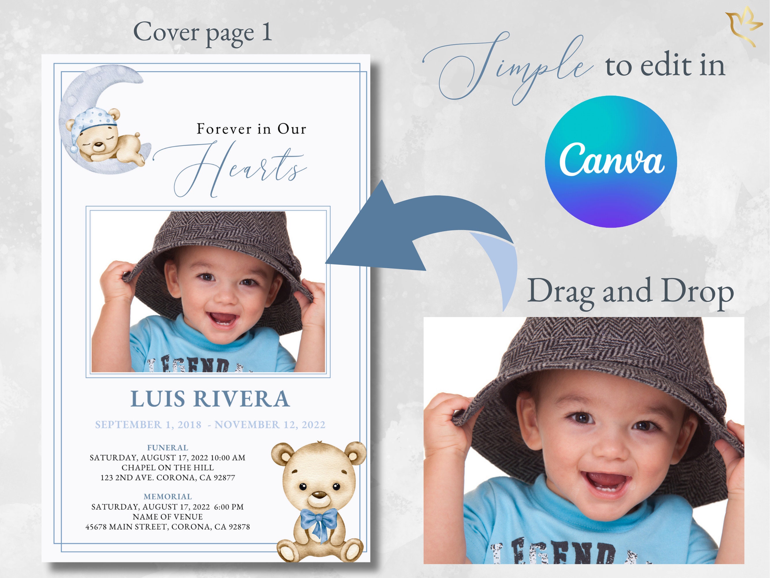 Blue Teddy Bear Theme, Funeral Memorial Program, Obituary Template ...