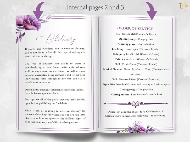 Violet Flowers Theme, Funeral Memorial Program, Obituary Template ...