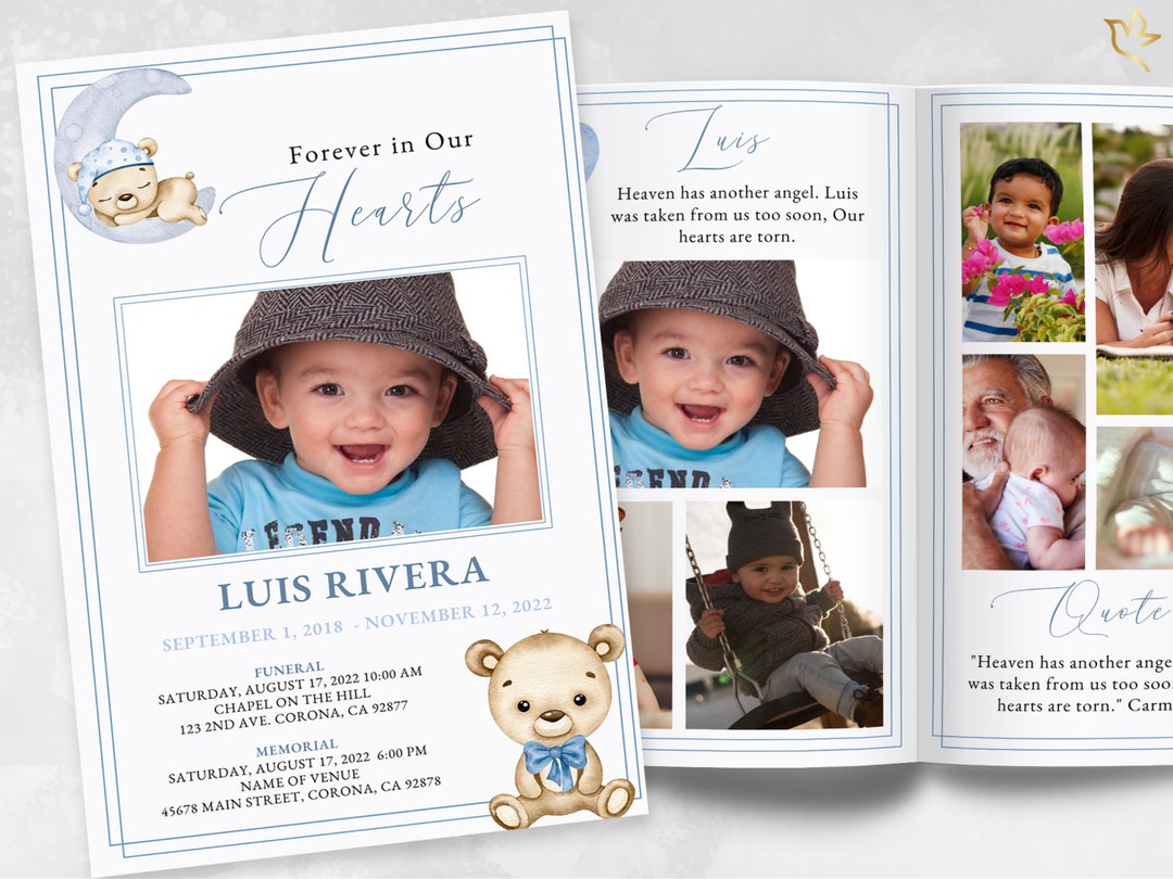 Blue Teddy Bear Theme, Funeral Memorial Program, Obituary Template ...