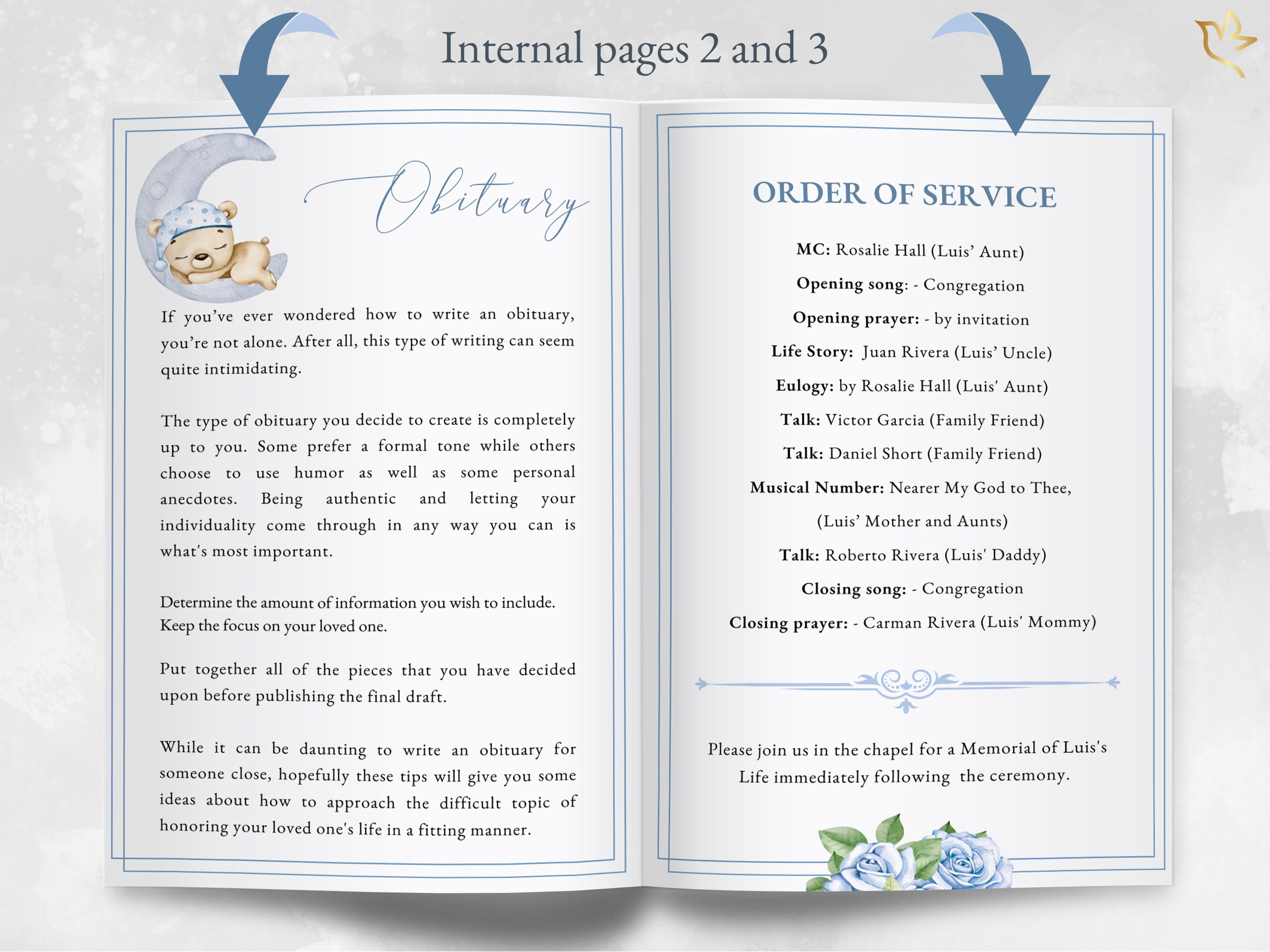 Blue Teddy Bear Theme, Funeral Memorial Program, Obituary Template ...