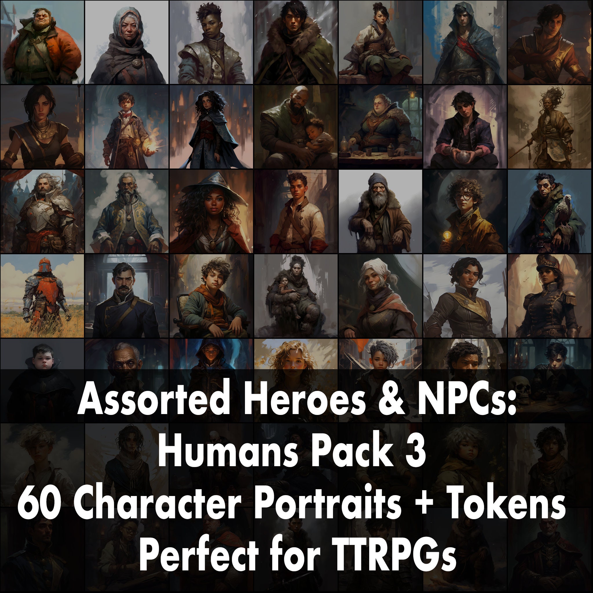 60 TTRPG Human Hero & NPC Portraits: Character Art Tokens (digital ...
