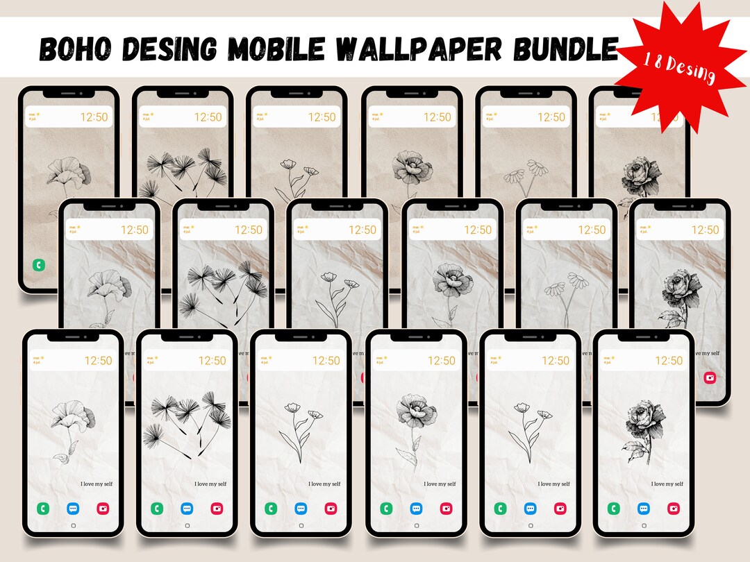 18 Minimal Boho Text Flower Mobile Wallpapers Screensaver Bundle iPhone ...