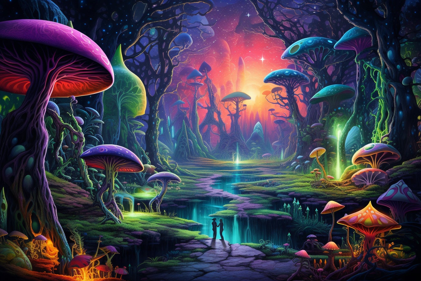 DMT Land Mushroom Trip Vision UV Tapestry, Blacklight Reactive Wall ...
