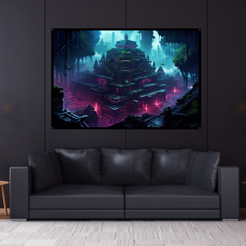 Pyramid DMT Temple Maya Inca UV Tapestry, Blacklight Reactive Wall ...