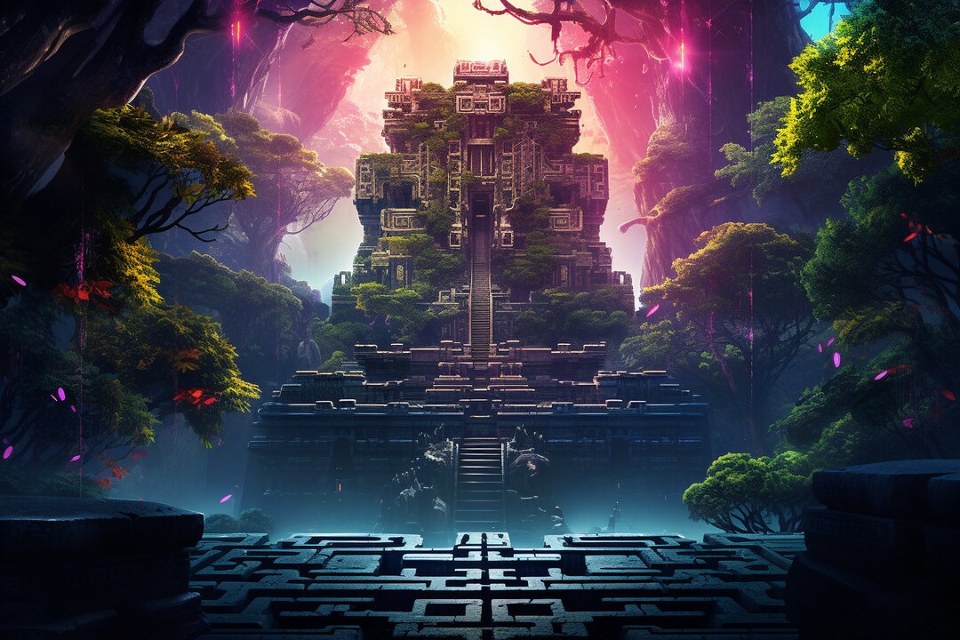 Pyramid DMT Temple Maya Inca UV Tapestry, Blacklight Reactive Wall ...