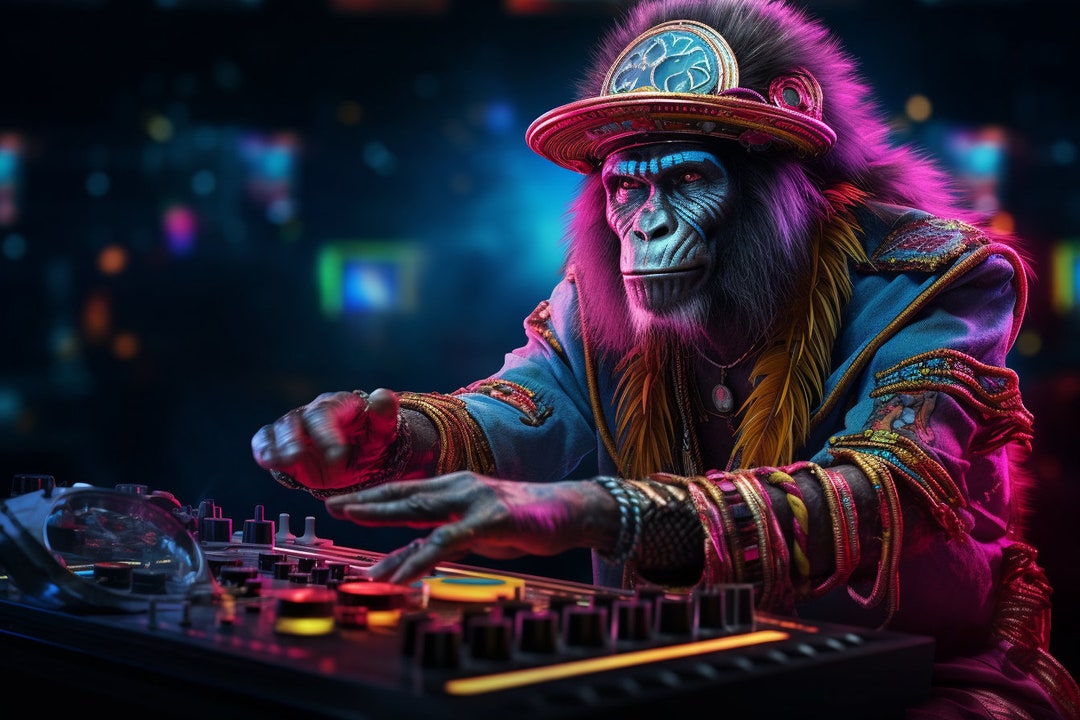 DJ Monkey Cyberpunk UV Tapestry, Blacklight Reactive Wall Hanging, Neon ...