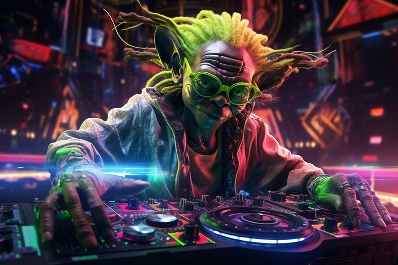 DJ Rasta Yoda Cyberpunk UV Tapestry, Blacklight Reactive Wall Hanging ...