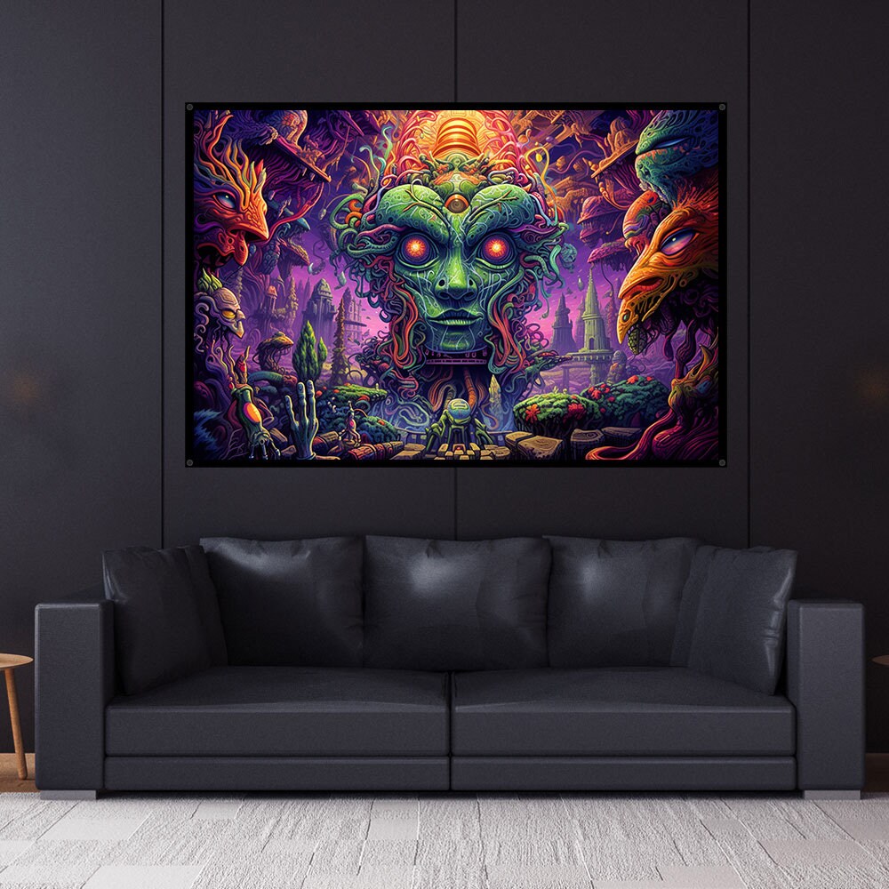 DMT Psy Creature UV Tapestry, Blacklight Reactive Wall Hanging, Neon ...