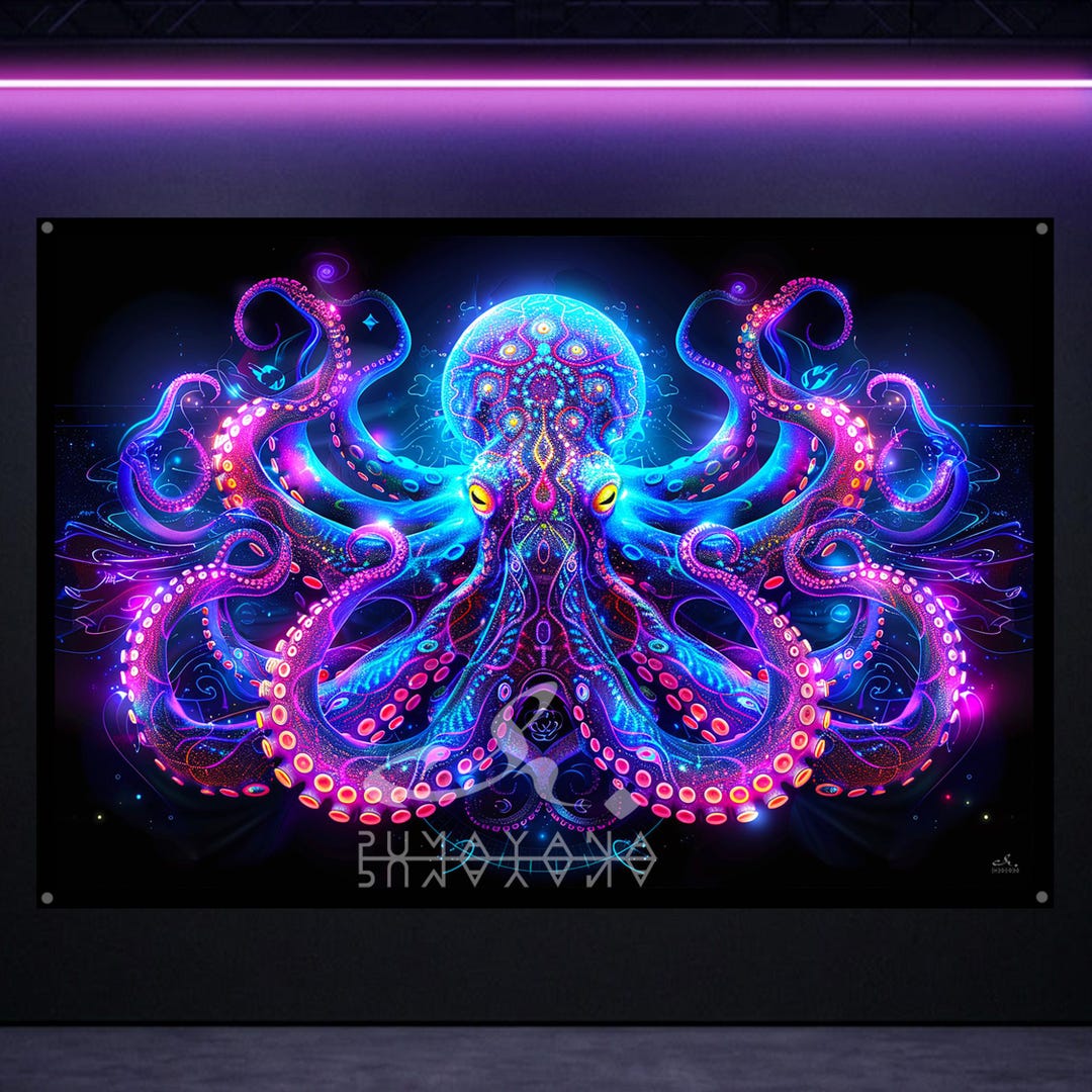Psychedelic Octopus Blacklight Tapestry: UV Reactive Glowing Wall Art ...
