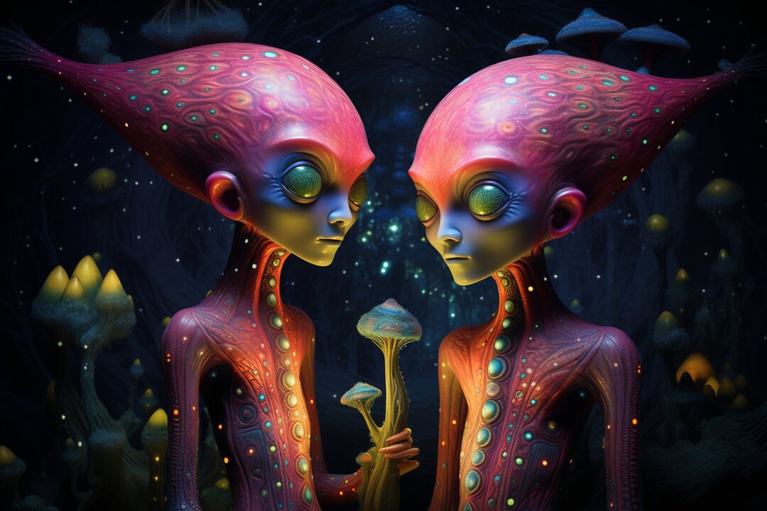 Magic Mushroom Aliens Gods UV Tapestry, Blacklight Reactive Wall ...