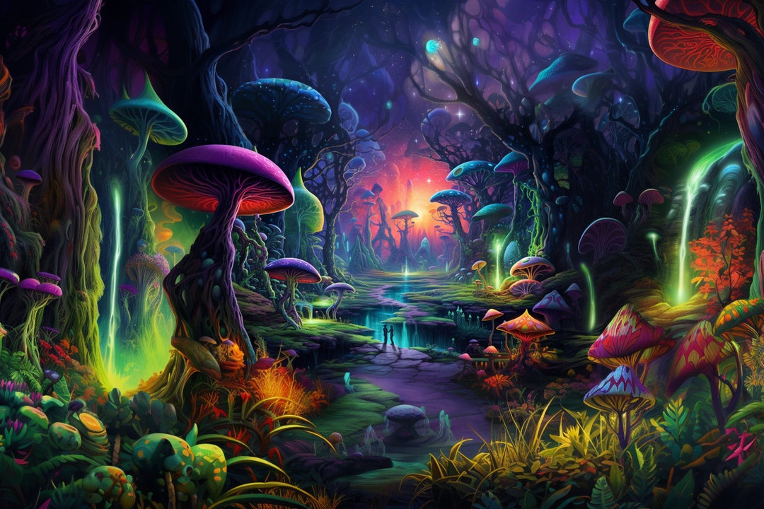 DMT Land Mushroom Trip Vision UV Tapestry, Blacklight Reactive Wall ...