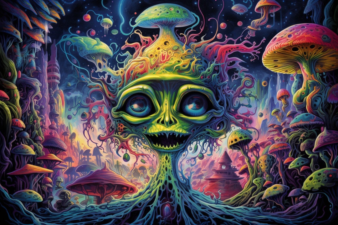 DMT Psy Creature UV Tapestry, Blacklight Reactive Wall Hanging, Neon ...