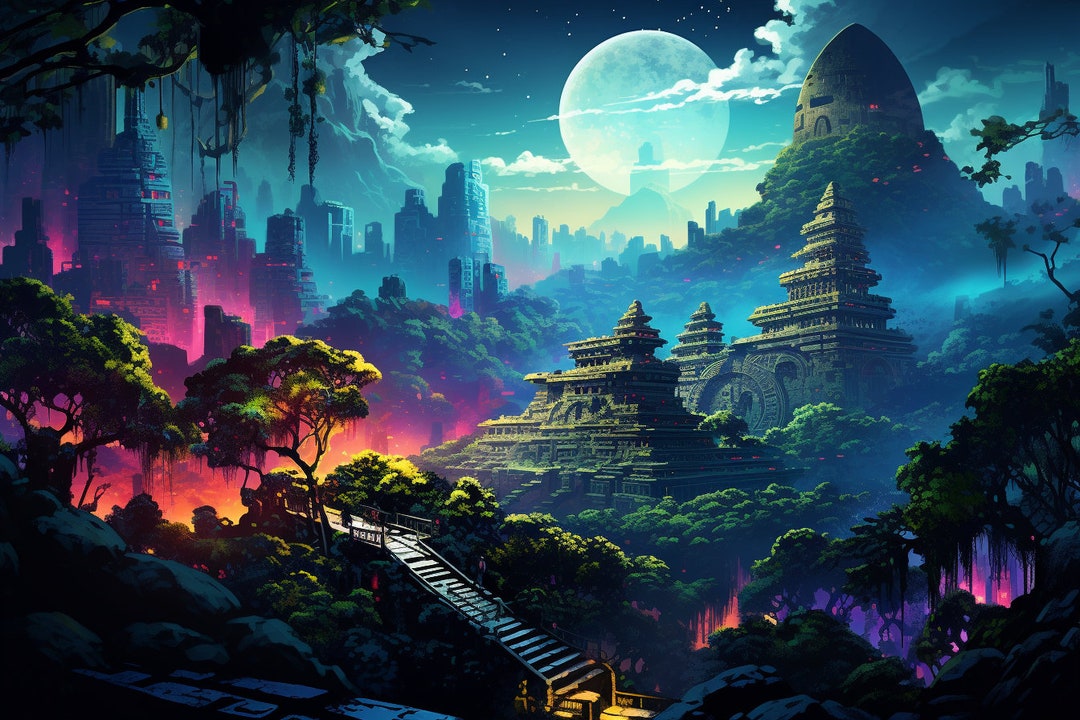 Futuristic Buddhist Temple UV Tapestry, Blacklight Reactive Wall ...