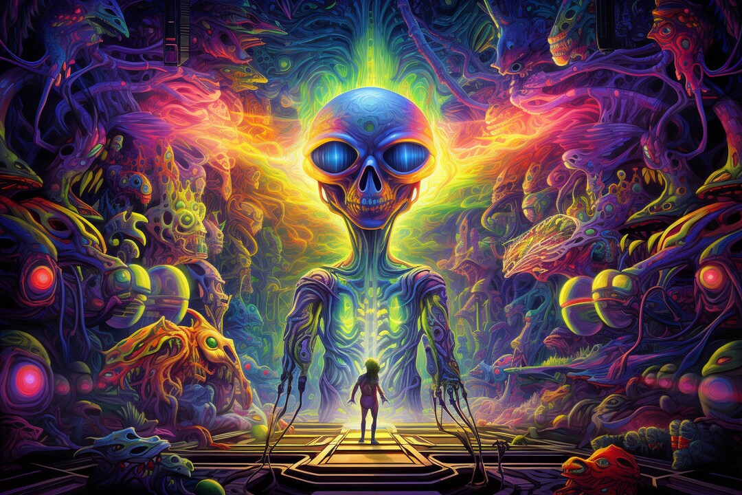 DMT Psy Alien UV Tapestry, Blacklight Reactive Wall Hanging, Neon ...