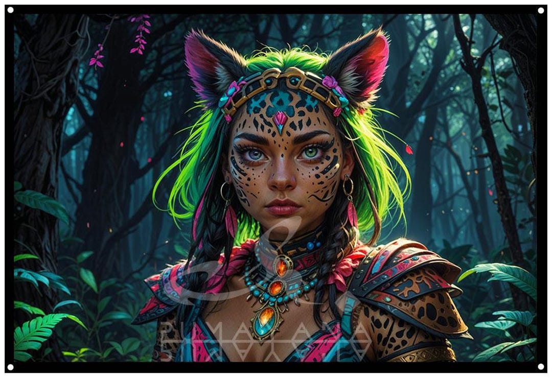 Cute Amazone Shaman Goddess, UV Tapestry, Blacklight Reactive Wall ...