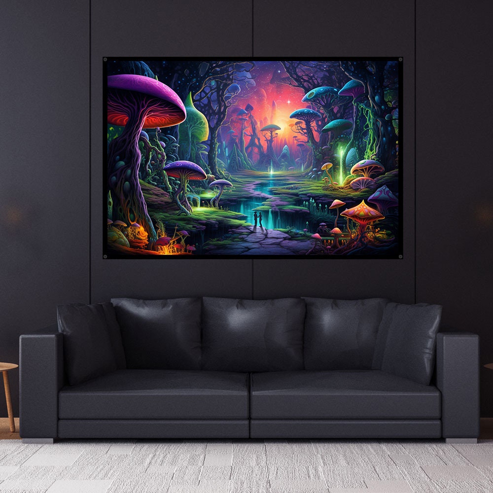 DMT Land Mushroom Trip Vision UV Tapestry, Blacklight Reactive Wall ...