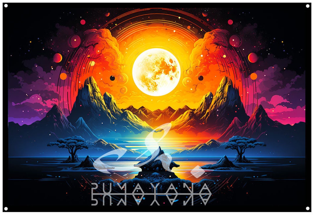 Epic Full Moon Rise Art, UV Tapestry, Blacklight Reactive Wall Hanging ...