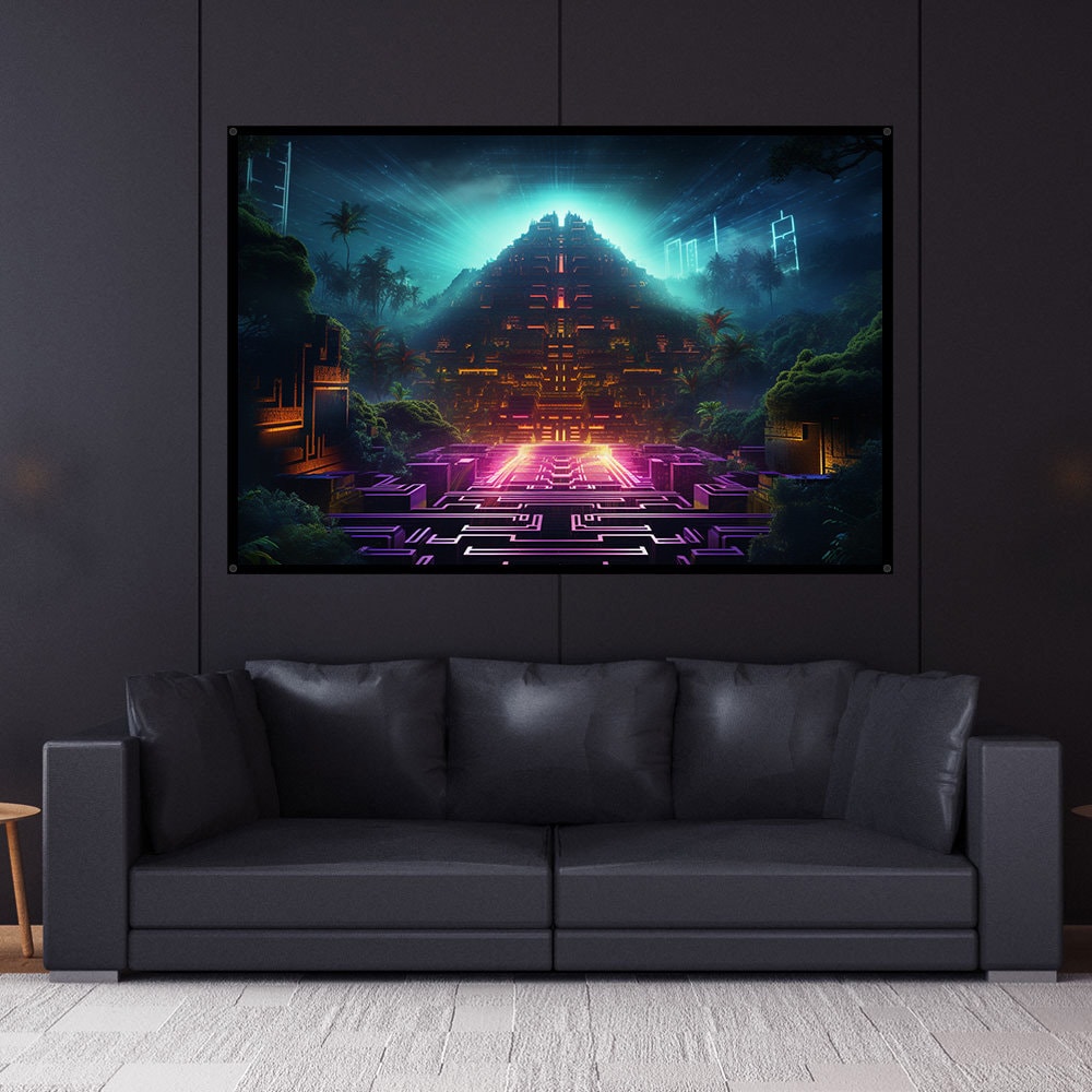 Pyramid DMT Temple Maya Inca UV Tapestry, Blacklight Reactive Wall ...