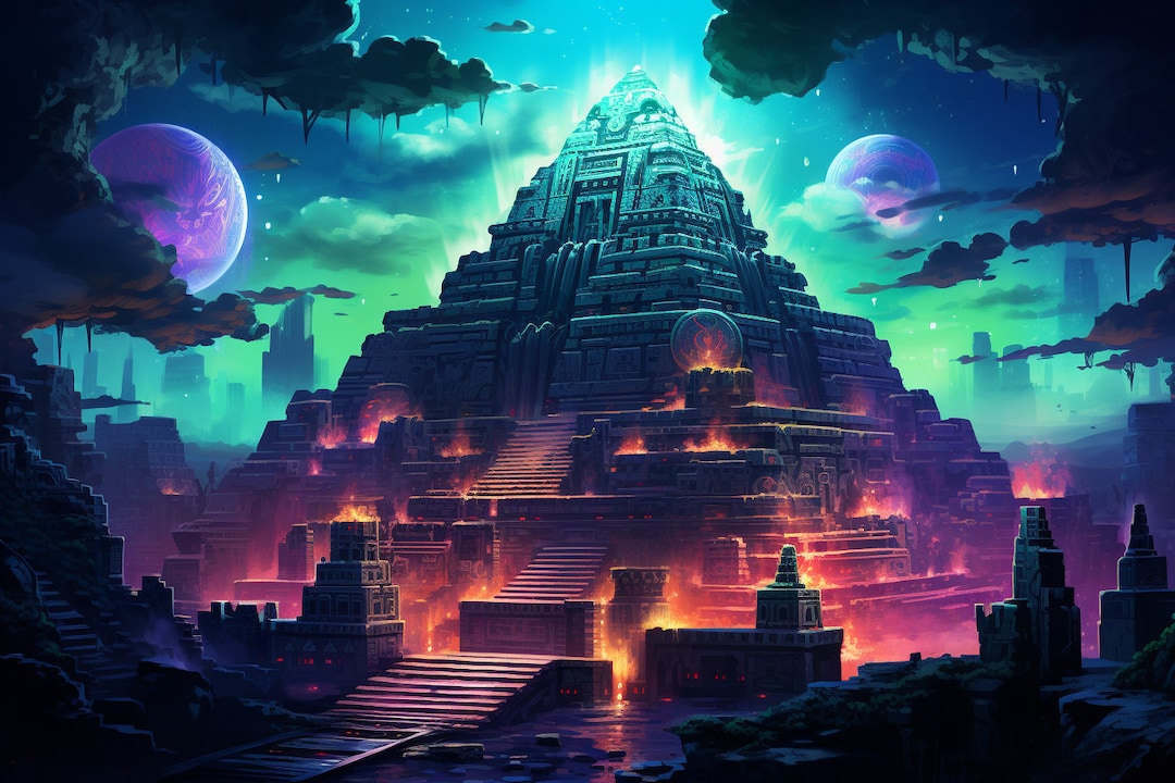 Pyramid DMT Temple Maya Inca UV Tapestry, Blacklight Reactive Wall ...