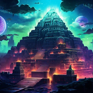 Pyramid DMT Temple Maya Inca UV Tapestry, Blacklight Reactive Wall ...